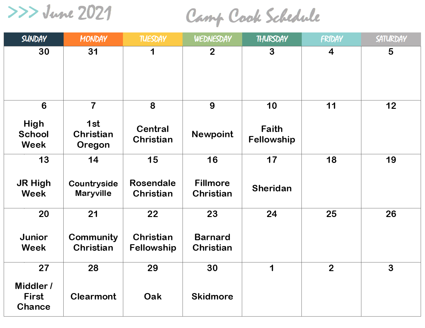 Camp Cook Schedule - Flaming Spirit Christian Service Camp